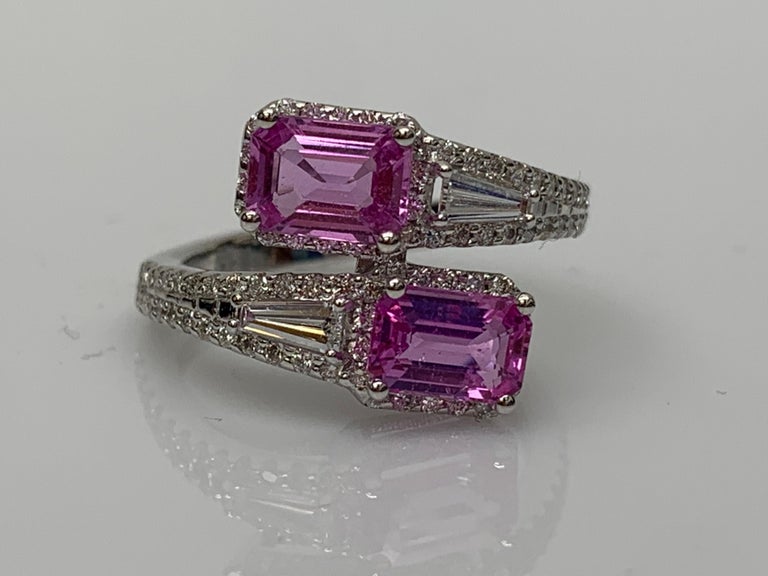 2.15 Carat Emerald Cut Pink Sapphire Diamond Toi Et Moi Ring 14K White ...