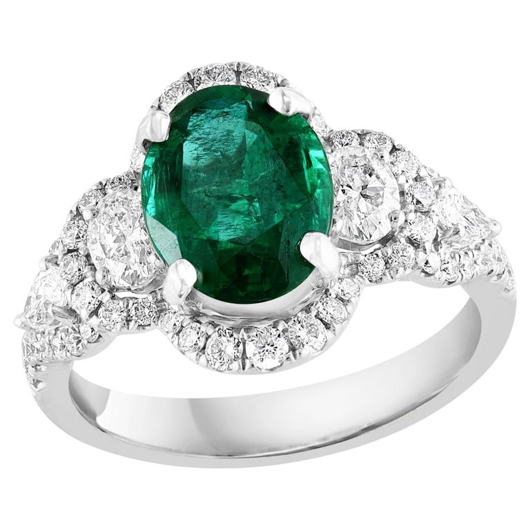 2.15 Carat Oval Cut Emerald and Diamond Halo Ring in 18K White Gold For ...