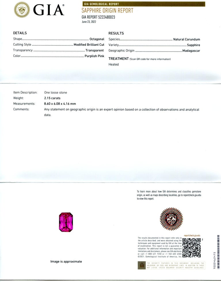 2.15 Carat Octagonal Purplish Pink Sapphire GIA Certified Madagascar ...