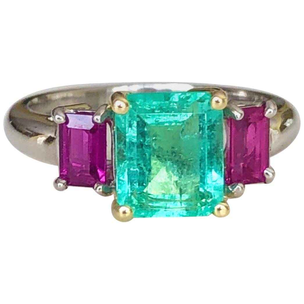 2.16 Carat Natural Colombian Emerald Ruby Engagement Ring Platinum and ...