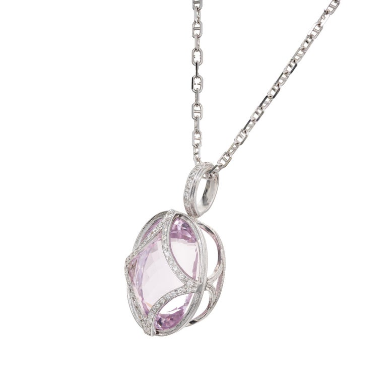 21.69 Carat Pink Oval Kunzite Diamond White Gold Pendant Necklace For ...