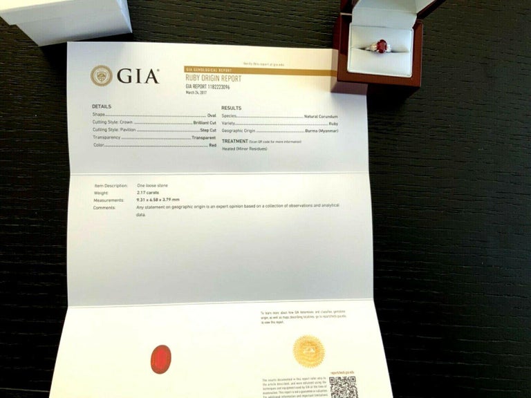 2.17 Carat Natural Vivid Red Oval Cut Burma Ruby and Diamond Ring GIA Certified at 1stDibs