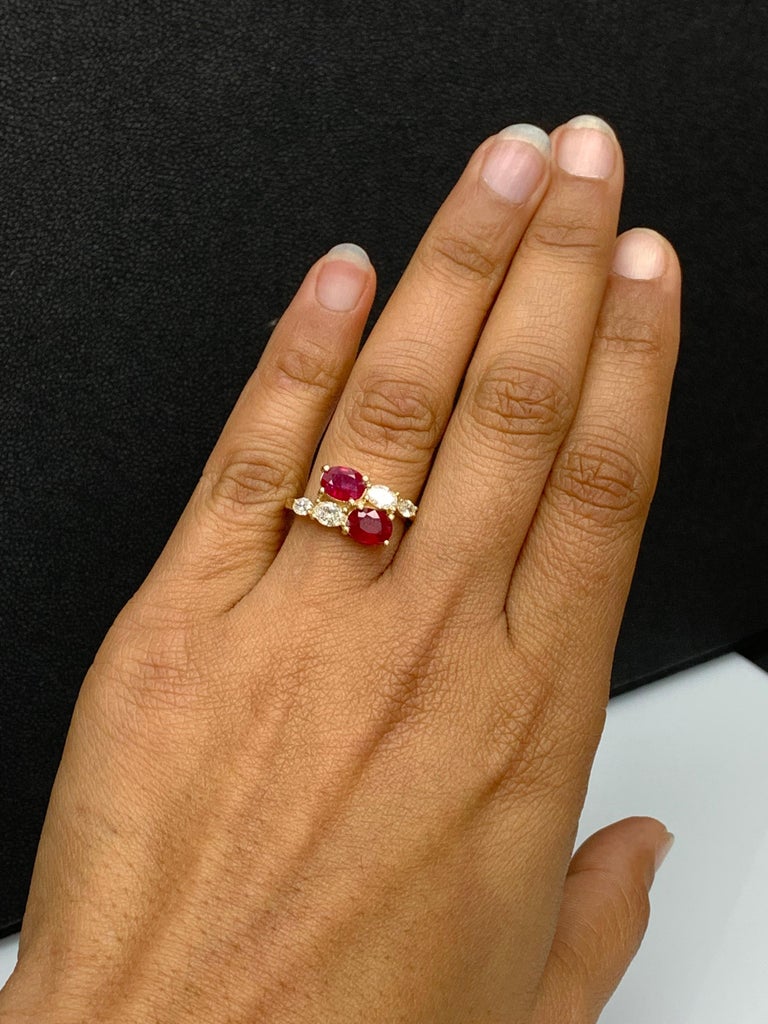 2.18 Carat Oval Cut Ruby Diamond Toi et Moi Engagement Ring in 14K Yellow Gold For Sale at 1stDibs