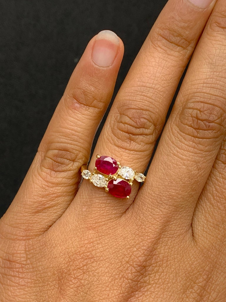 2.18 Carat Oval Cut Ruby Diamond Toi et Moi Engagement Ring in 14K Yellow Gold For Sale at 1stDibs