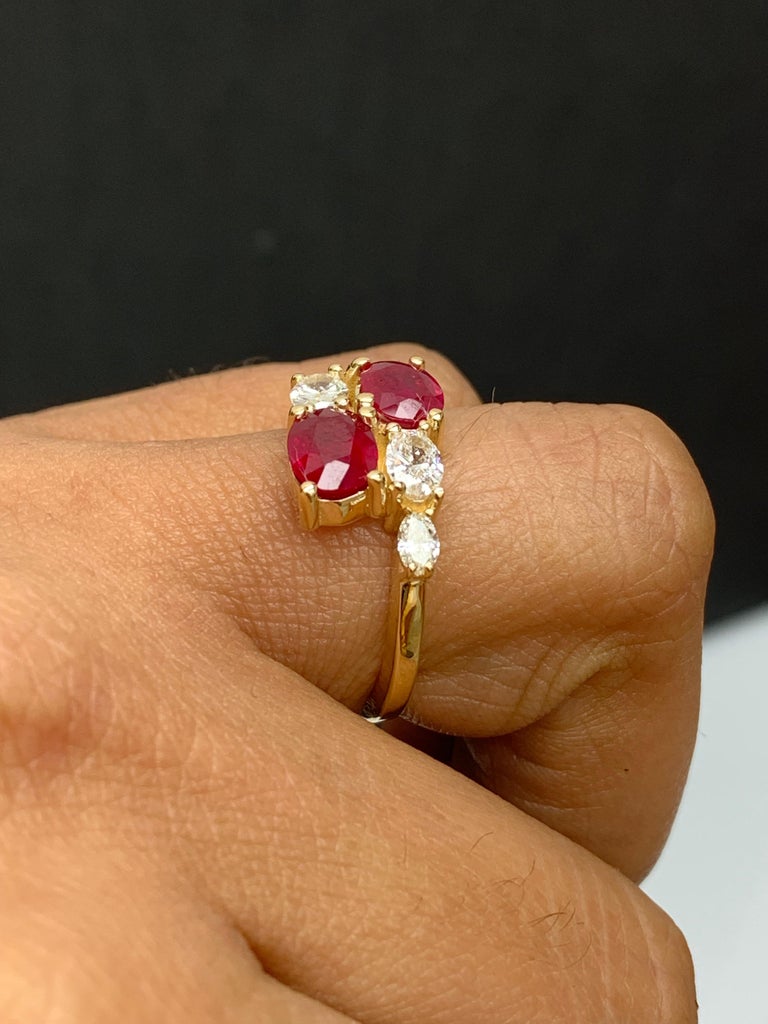 2.18 Carat Oval Cut Ruby Diamond Toi et Moi Engagement Ring in 14K Yellow Gold For Sale at 1stDibs