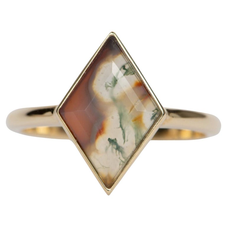 2.18ct Kite Shape Moss Agate Bezel Set 14K Gold Engagement Ring For ...