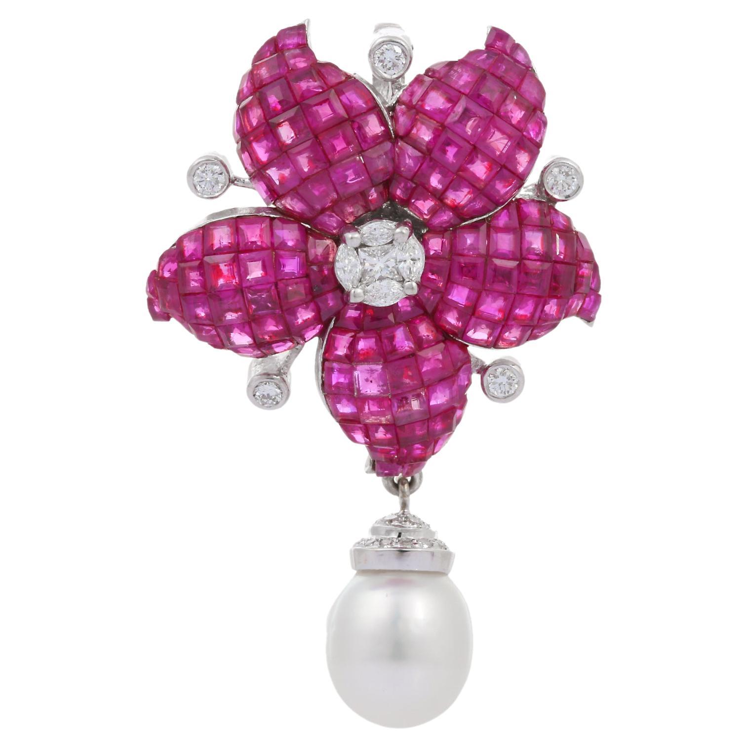 Edwardian Bronze Natural Pearl Drop Rubies Diamonds Pendant at 1stDibs