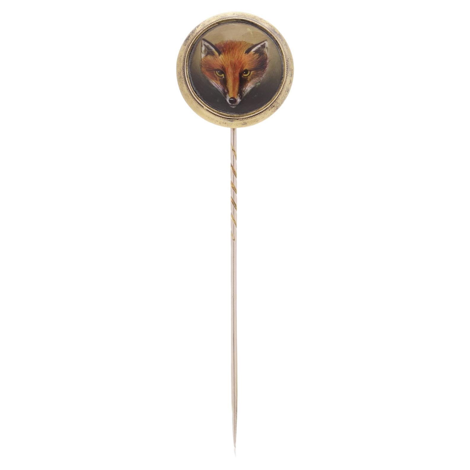 21kt Gold Pin Brooch with Hand-Painted Enamel Fox Head For Sale at 1stDibs
