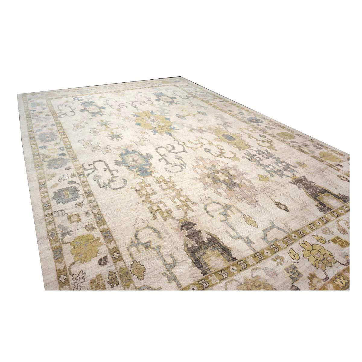 21st Cent. Oversized Turkish Oushak 12x19 Ivory, Olive Green and Blue ...