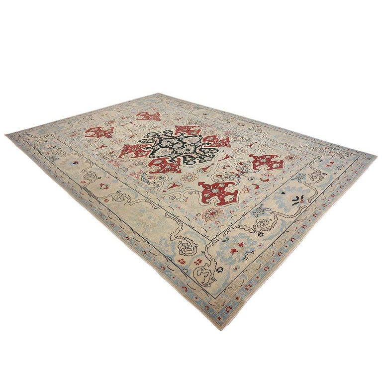 21st Century Persian Sultanabad 10x14 Ivory, Blue, and Red Handmade ...