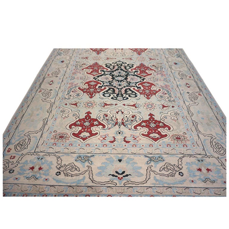21st Century Persian Sultanabad 10x14 Ivory, Blue, and Red Handmade ...