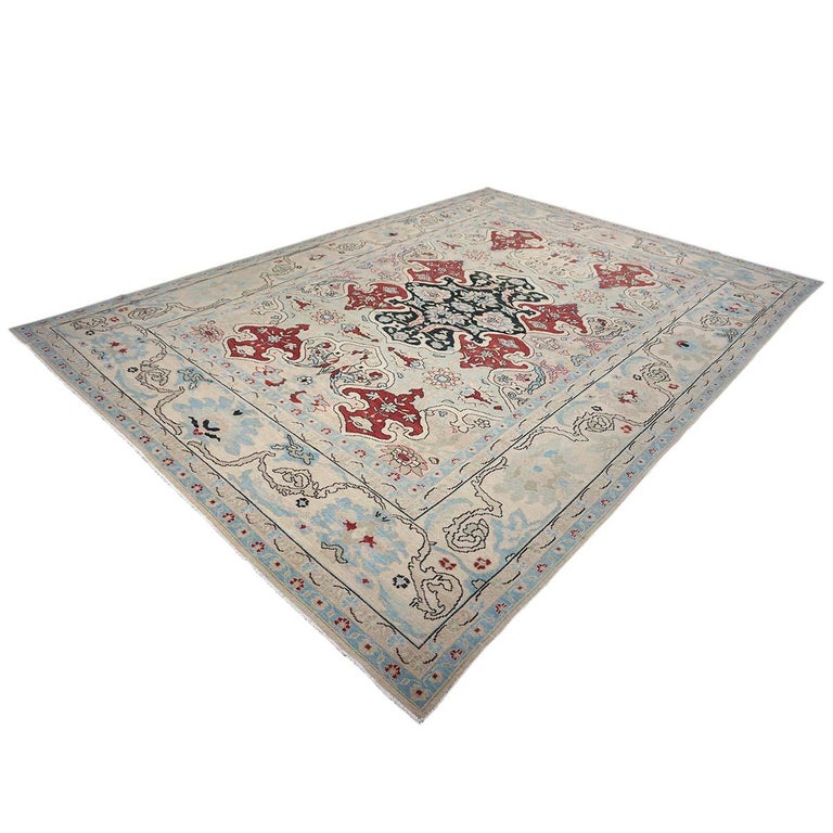 21st Century Persian Sultanabad 10x14 Ivory, Blue, and Red Handmade ...