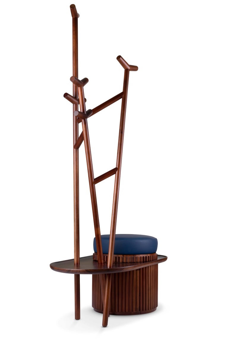 21st Century Barlow Coat Stand Leather Stool and Walnut Wood For Sale ...