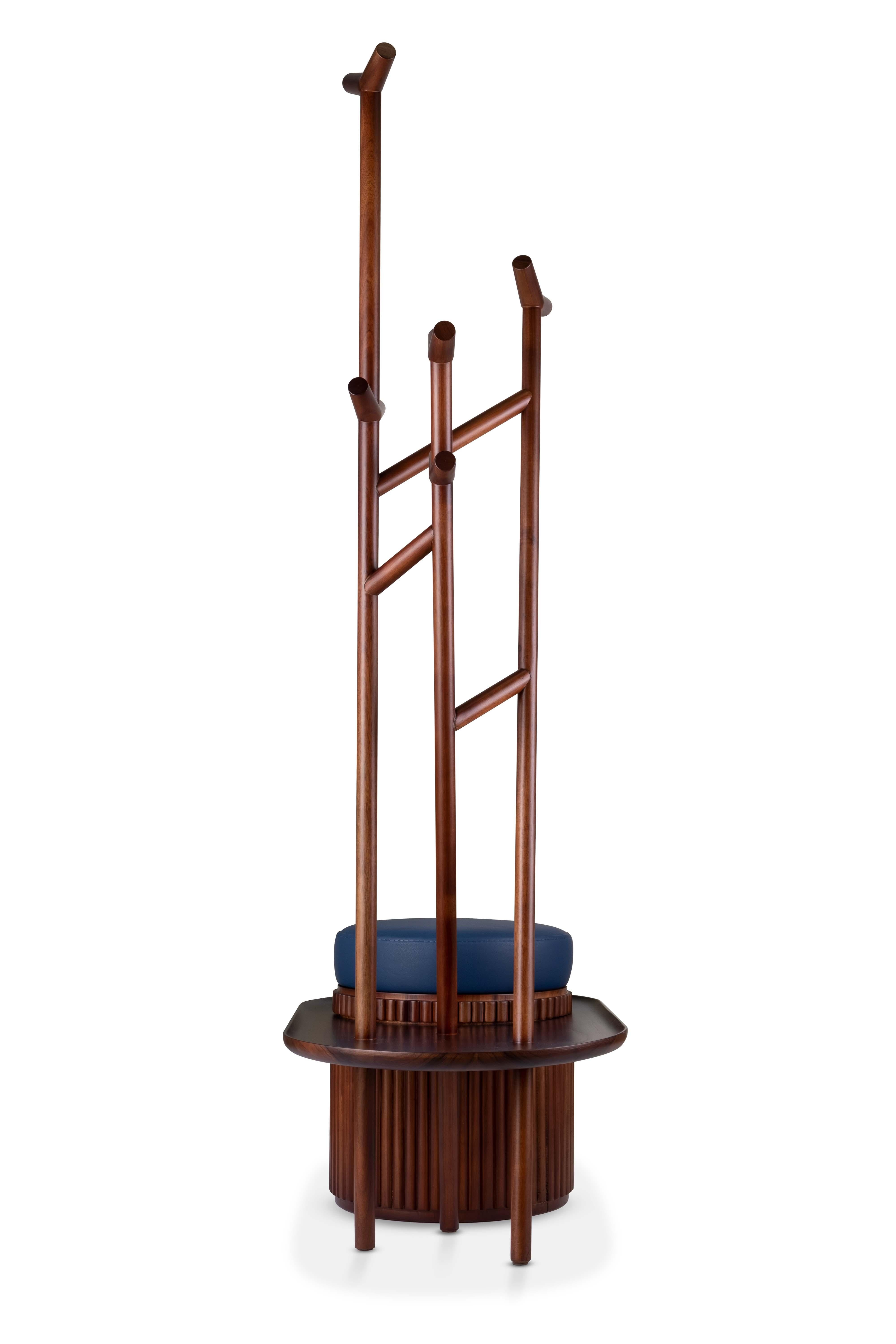 21st Century Barlow Coat Stand Leather Stool and Walnut Wood For Sale ...
