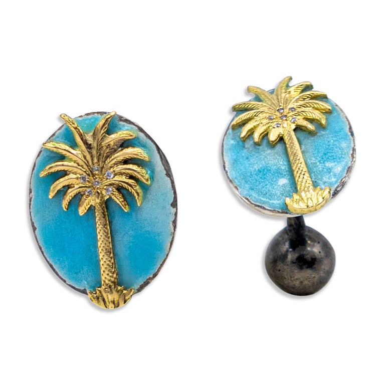 21st Century Black Silver Blue Enamel 18 Karat Gold Palm Tree Diamonds ...