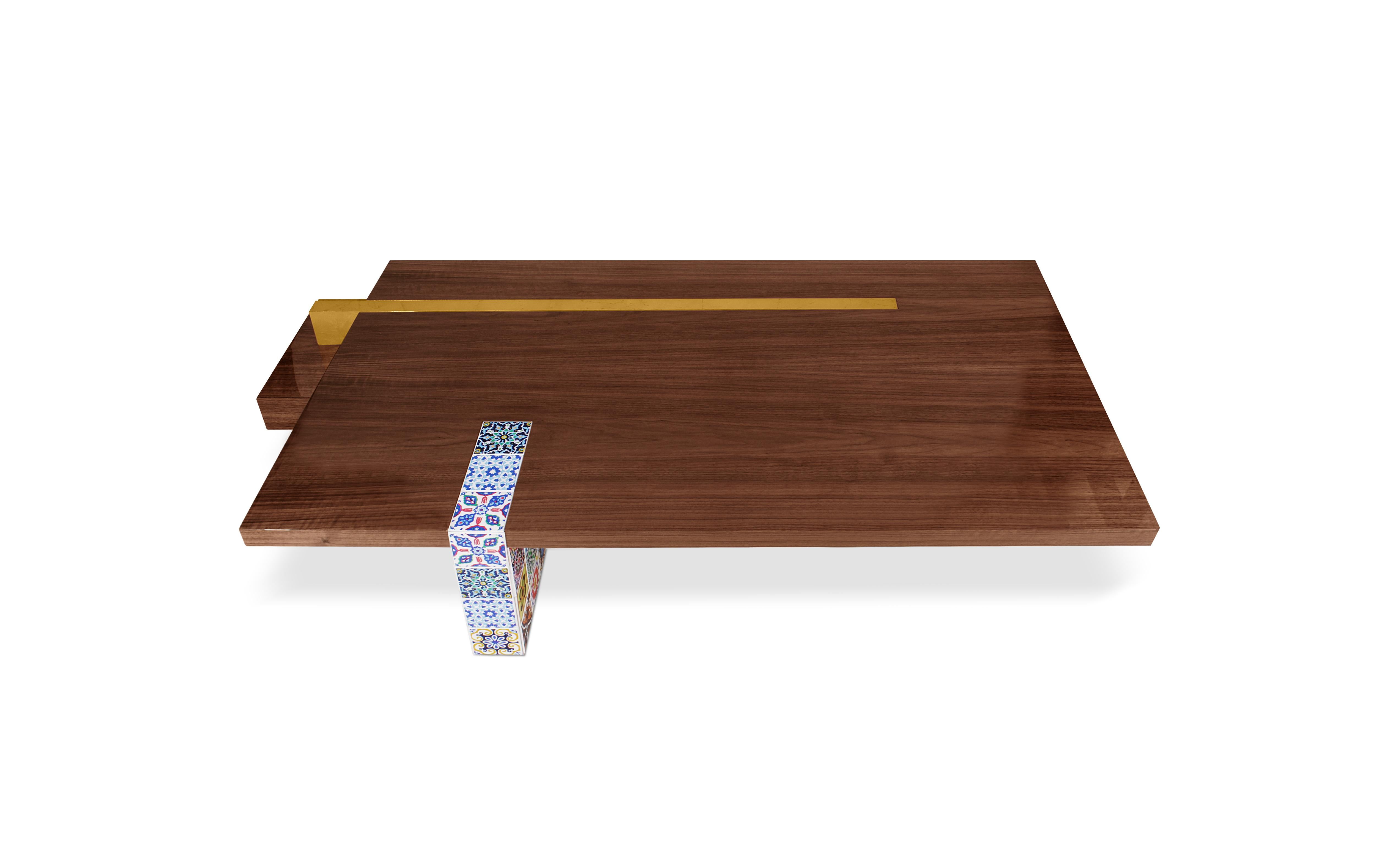 21st Century Camelia Center Table Walnut Wood Layers Hand Painted Tiles ...