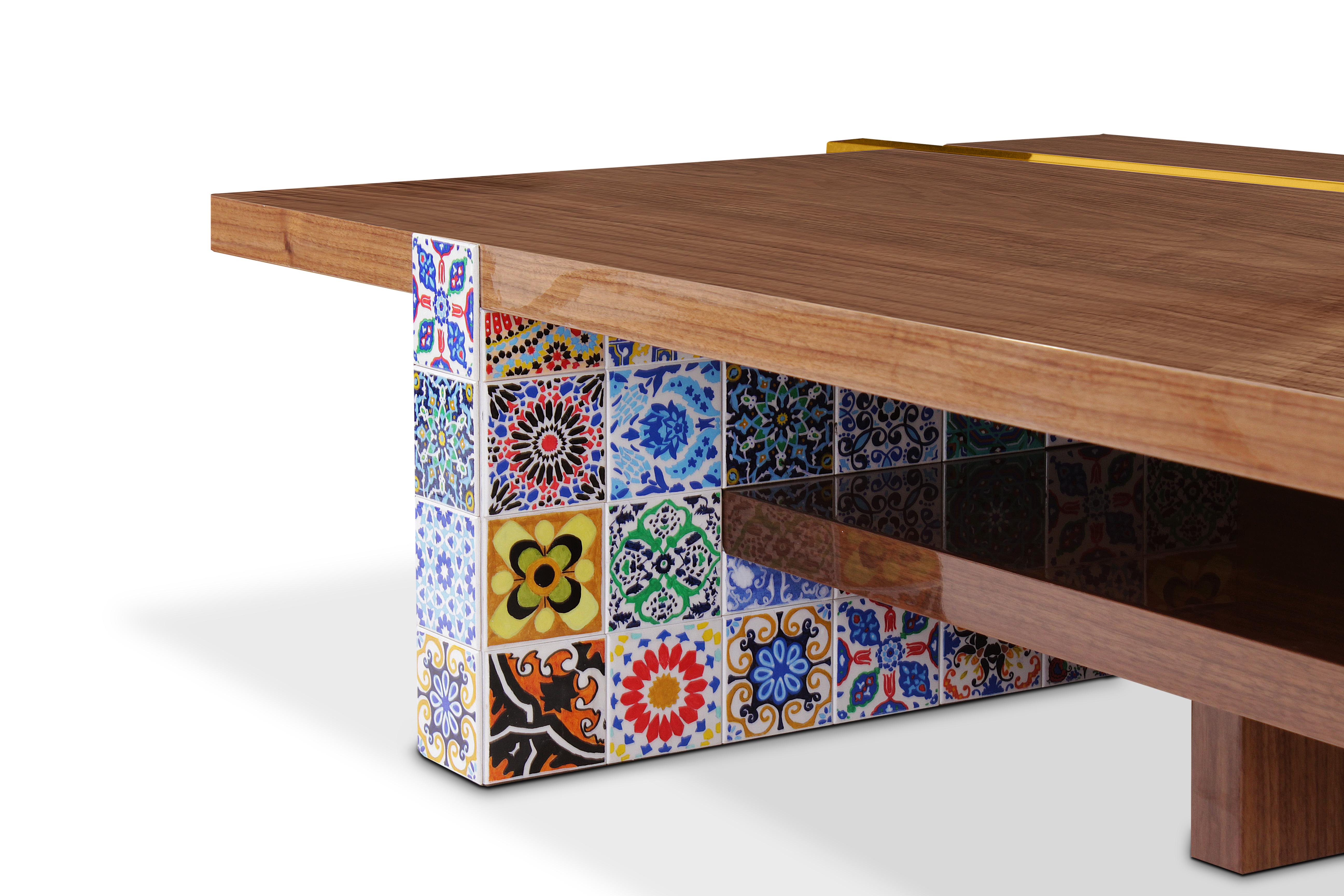 21st Century Camelia Center Table Walnut Wood Layers Hand Painted Tiles ...