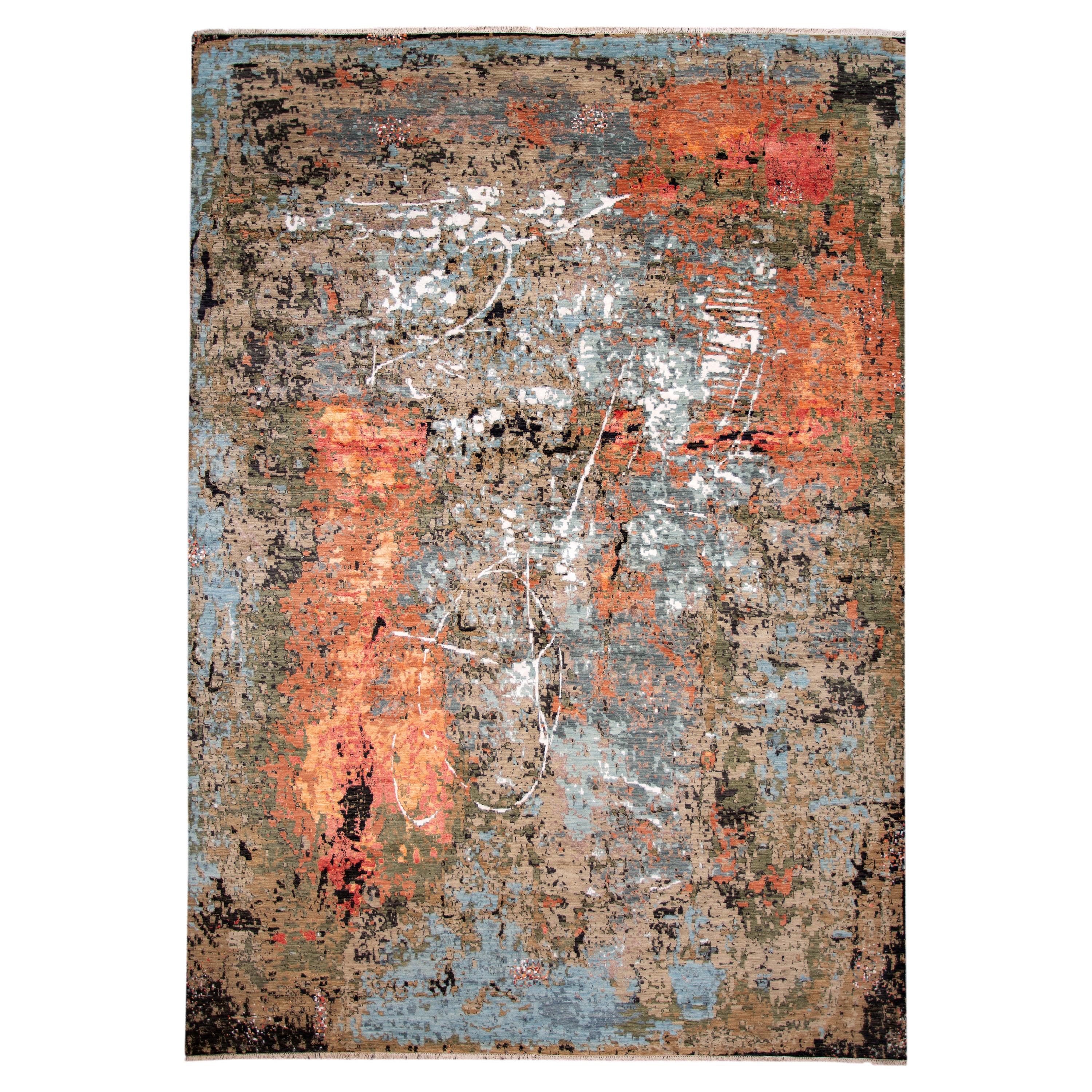 21st Century Modern Abstract Wool and Silk Indian Rug For Sale at 1stdibs