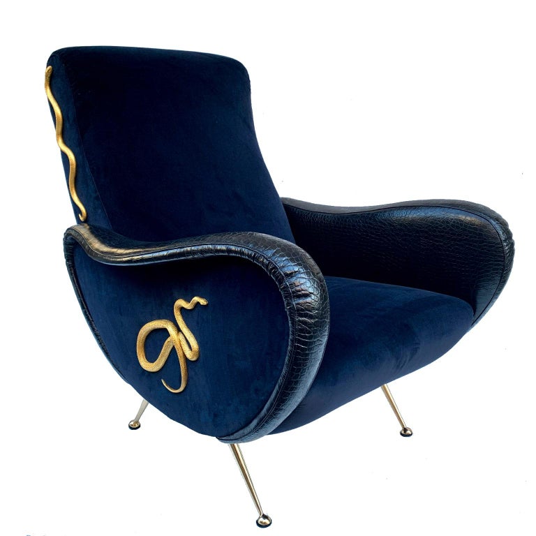 21st Century Contemporary Dark Blue Armchair with Golden Snakes ...
