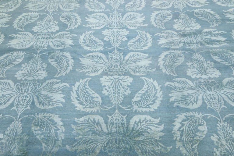 Floral Blue Contemporary Nepalese Wool and Silk Rug For Sale at 1stDibs