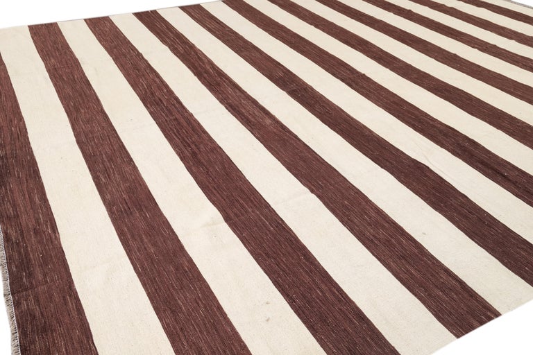Contemporary Brown and White Striped Kilim Flatweave Wool Rug at 1stDibs