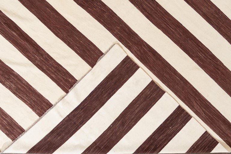Contemporary Brown and White Striped Kilim Flatweave Wool Rug at 1stDibs