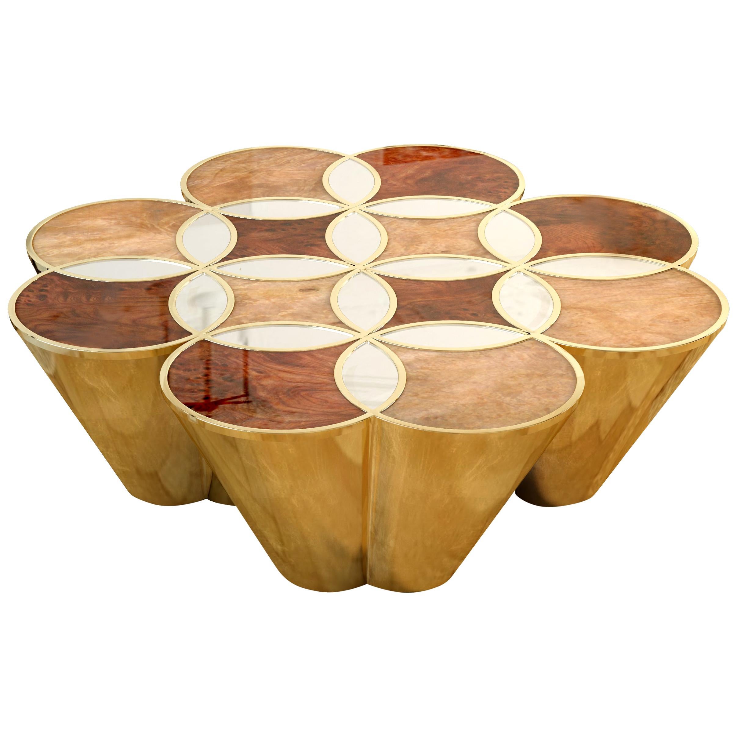 21st Century Camelia Center Table Walnut Wood Layers Hand Painted Tiles ...