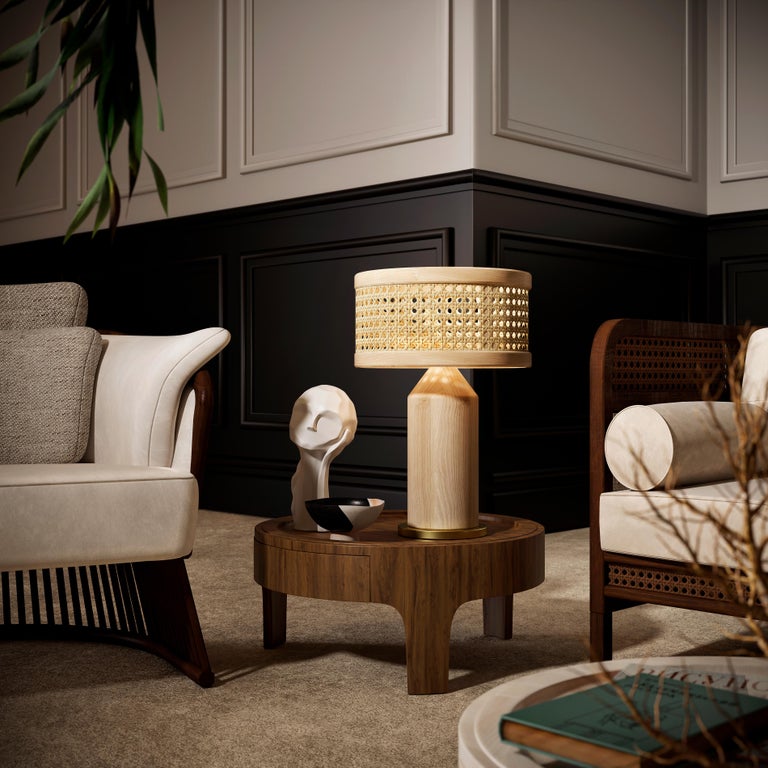 21st Century Hamilton Table Lamp Walnut Wood and Rattan For Sale at 1stDibs