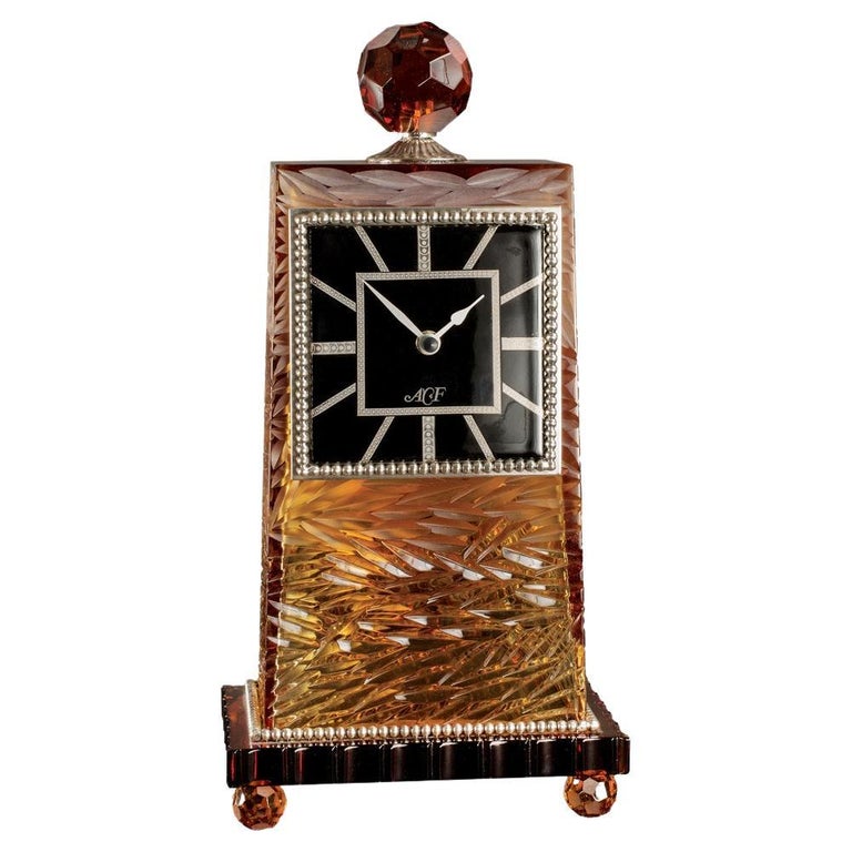 21st Century, Hand Carved Ambert Crystal and Silver Bronze Clock For ...