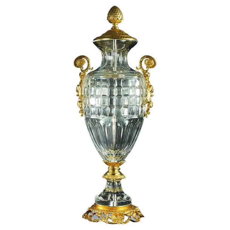 21st Century, Hand-Carved Clear Crystal and golden bronze potiche For ...