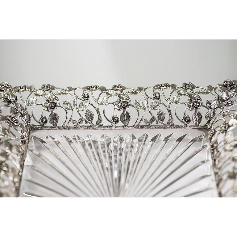 21st Century, Hand-Carved clear Crystal and silver Bronze tray in ...