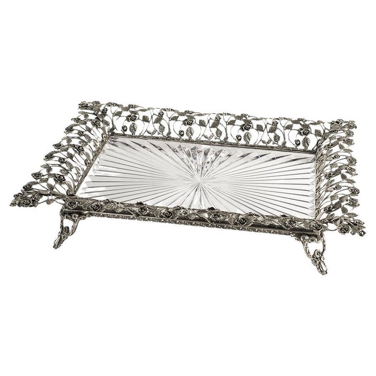 21st Century, Hand-Carved clear Crystal and silver Bronze tray in ...