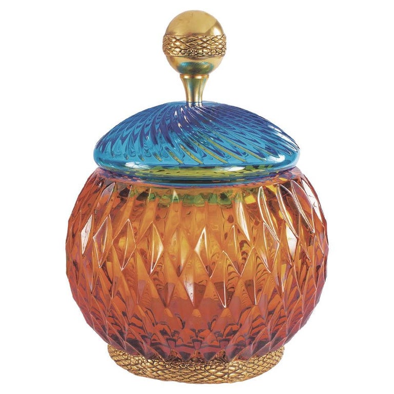 21st Century, Hand-Carved Light-Blue and Amber Crystal and Bronze Box ...