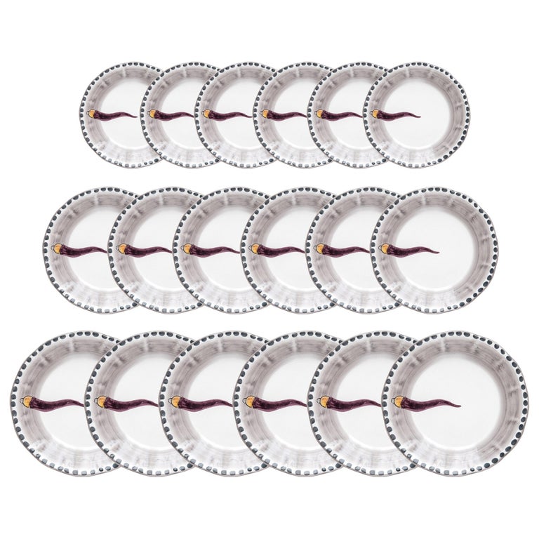 21st Century Hand Painted Ceramic 18 Plates in Purple and White Made in ...