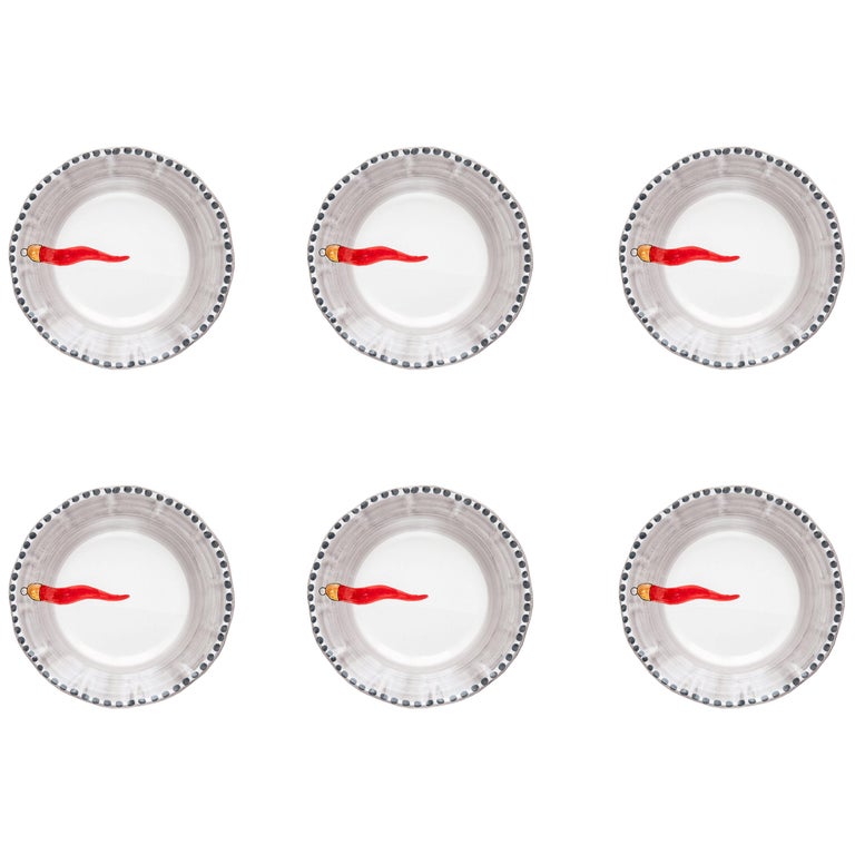 21st Century Hand Painted Ceramic 6 Side Plate in Red and White Made in ...