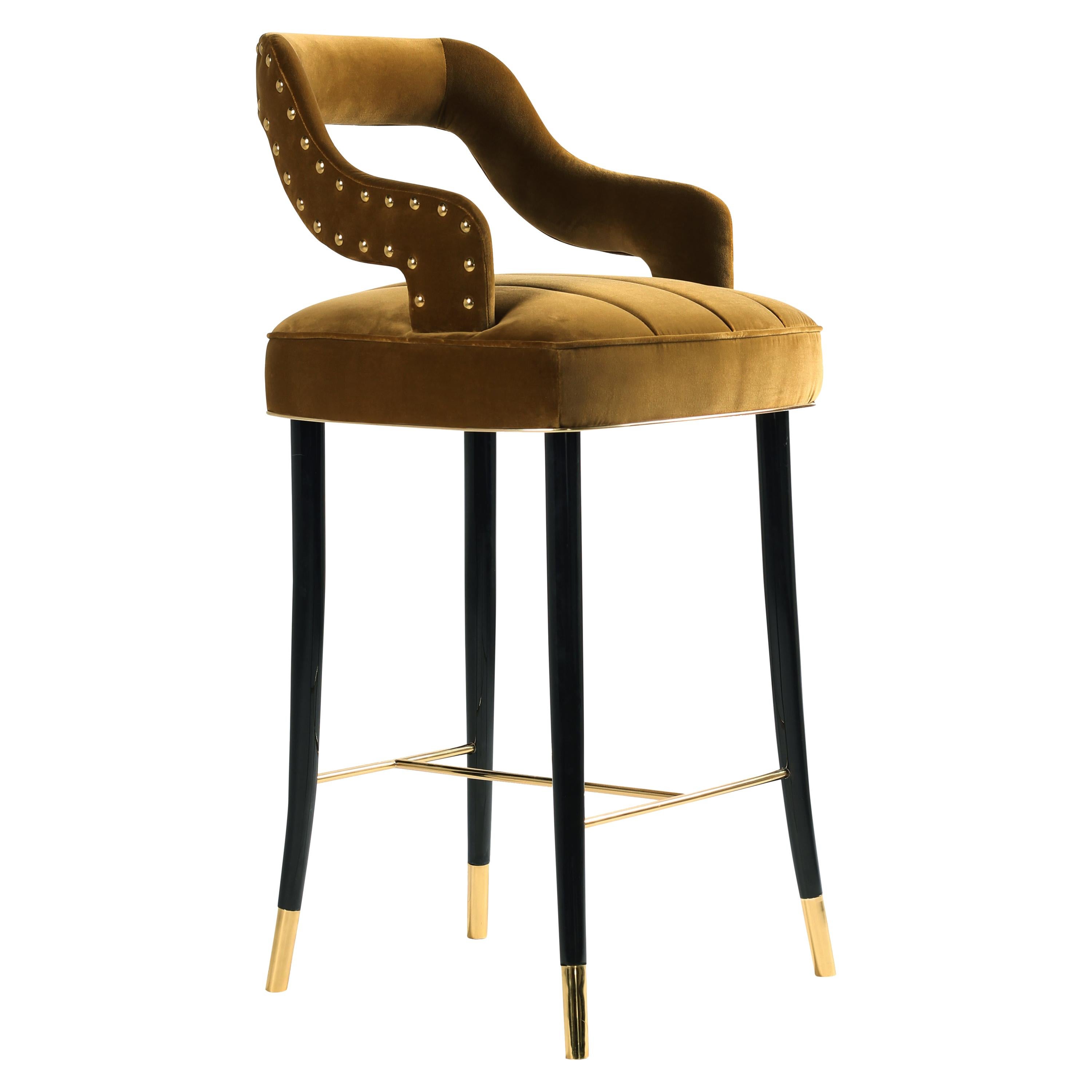 Bar Chair Counter Height In Velvet Upholstery and Polished Brass For ...