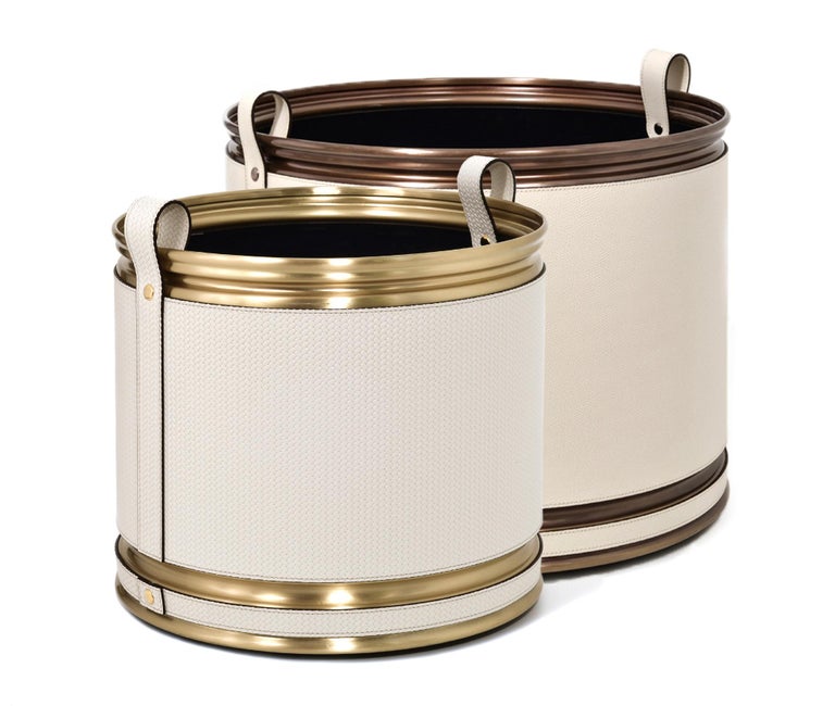 21st Century Leather and Satin Brass Cachepot Handcrafed in Italy For ...
