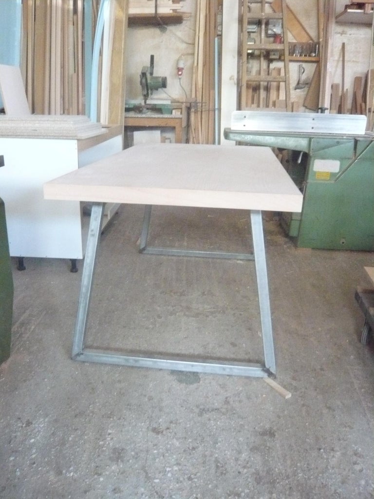 21st Century, Minimalist, European, Beechwood Table with Metal Base and ...