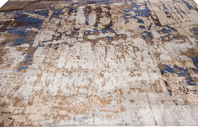 21st Century Modern Abstract Wool and Silk Indian Rug For Sale at 1stDibs