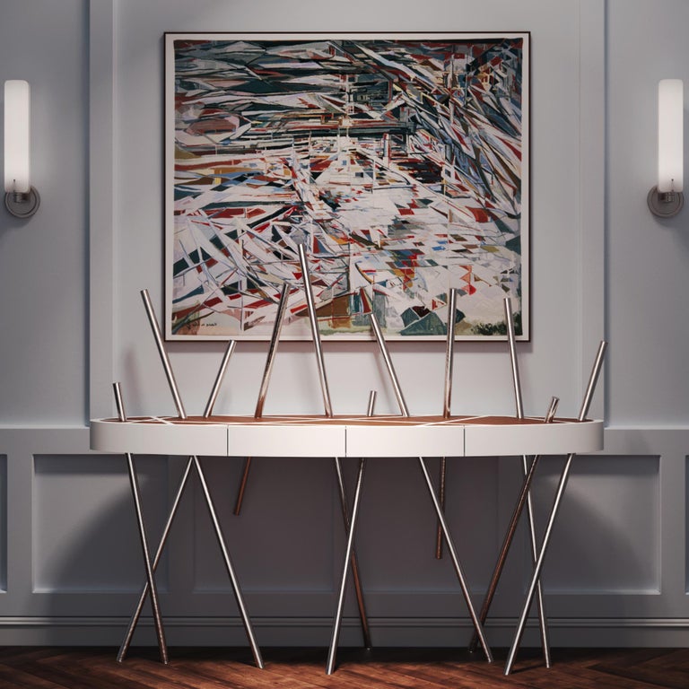 Accent Console Table in Walnut Wood, White Lacquer and Brushed ...