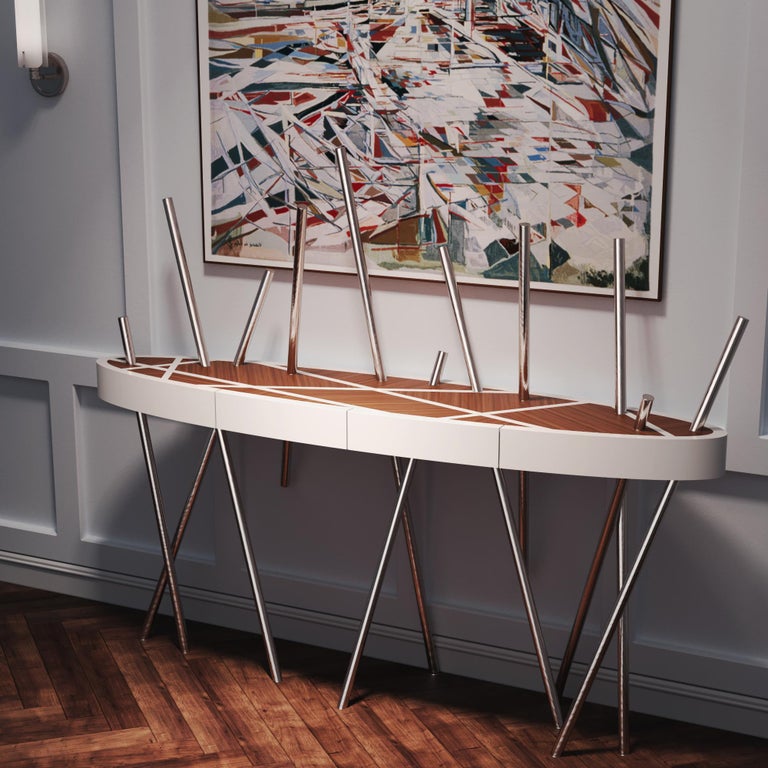 Accent Console Table in Walnut Wood, White Lacquer and Brushed ...