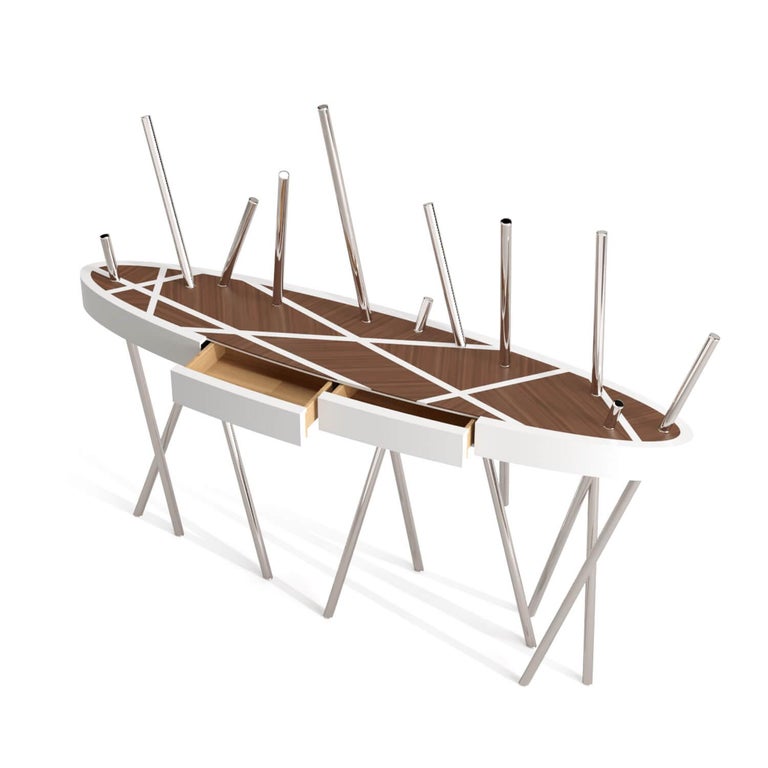 Accent Console Table in Walnut Wood, White Lacquer and Brushed ...