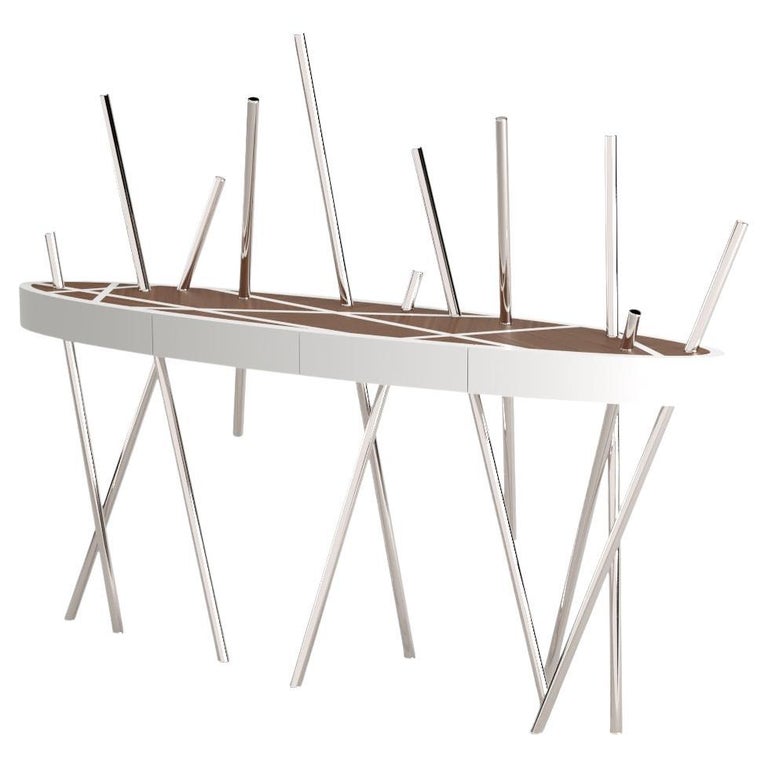 Accent Console Table in Walnut Wood, White Lacquer and Brushed ...