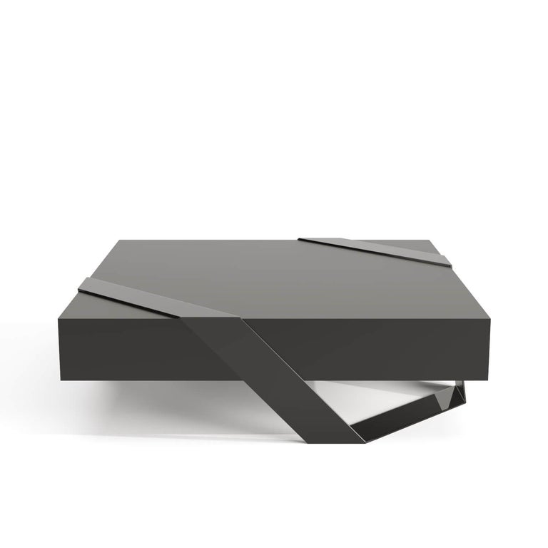 Minimalist Square Center Coffee Table in Black Lacquer and Brushed ...