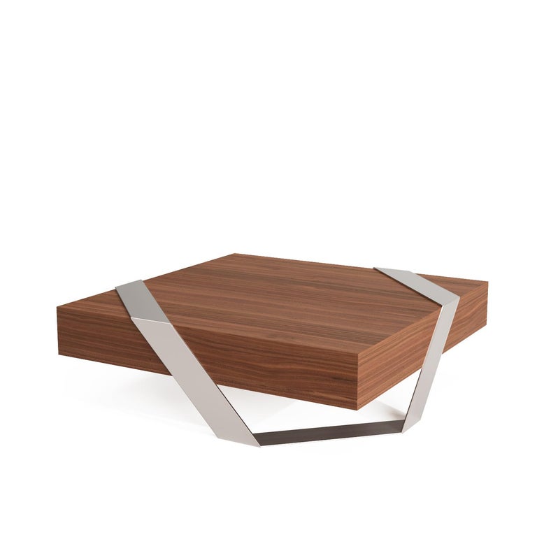 Minimalist Square Center Coffee Table in Walnut Wood and Brushed ...