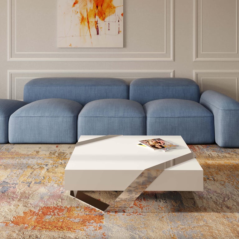 21st Century Modern Center Coffee Table White Lacquer Brushed Stainless ...