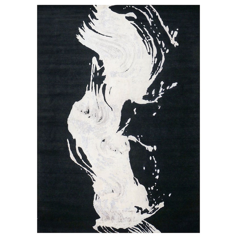 21st Century Modern Wool and Silk 6x9 Black and White Wave Design ...