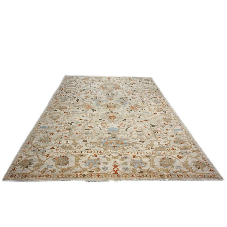 21st Century Persian Sultanabad 10x14 Ivory and Tan Handmade Area Rug ...