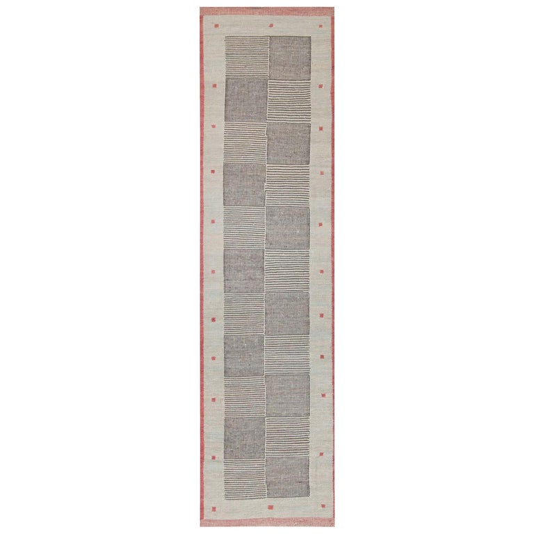 21st Century Swedish Style Beige, Black and Red Flat-Weave Wool Runner at 1stDibs