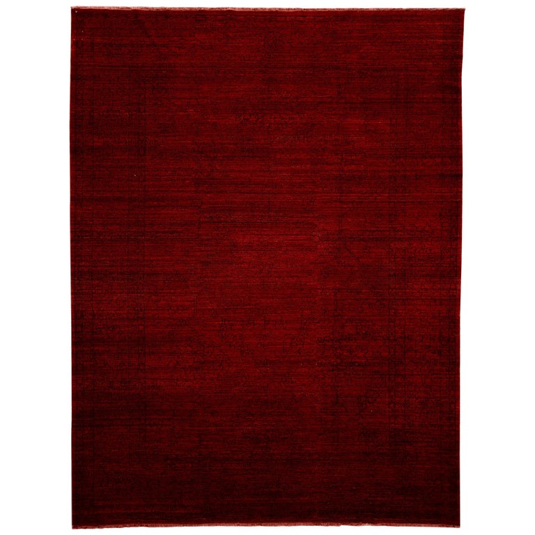 Red Transitional Indian Style Handmade Floral Wool Rug For Sale at 1stDibs